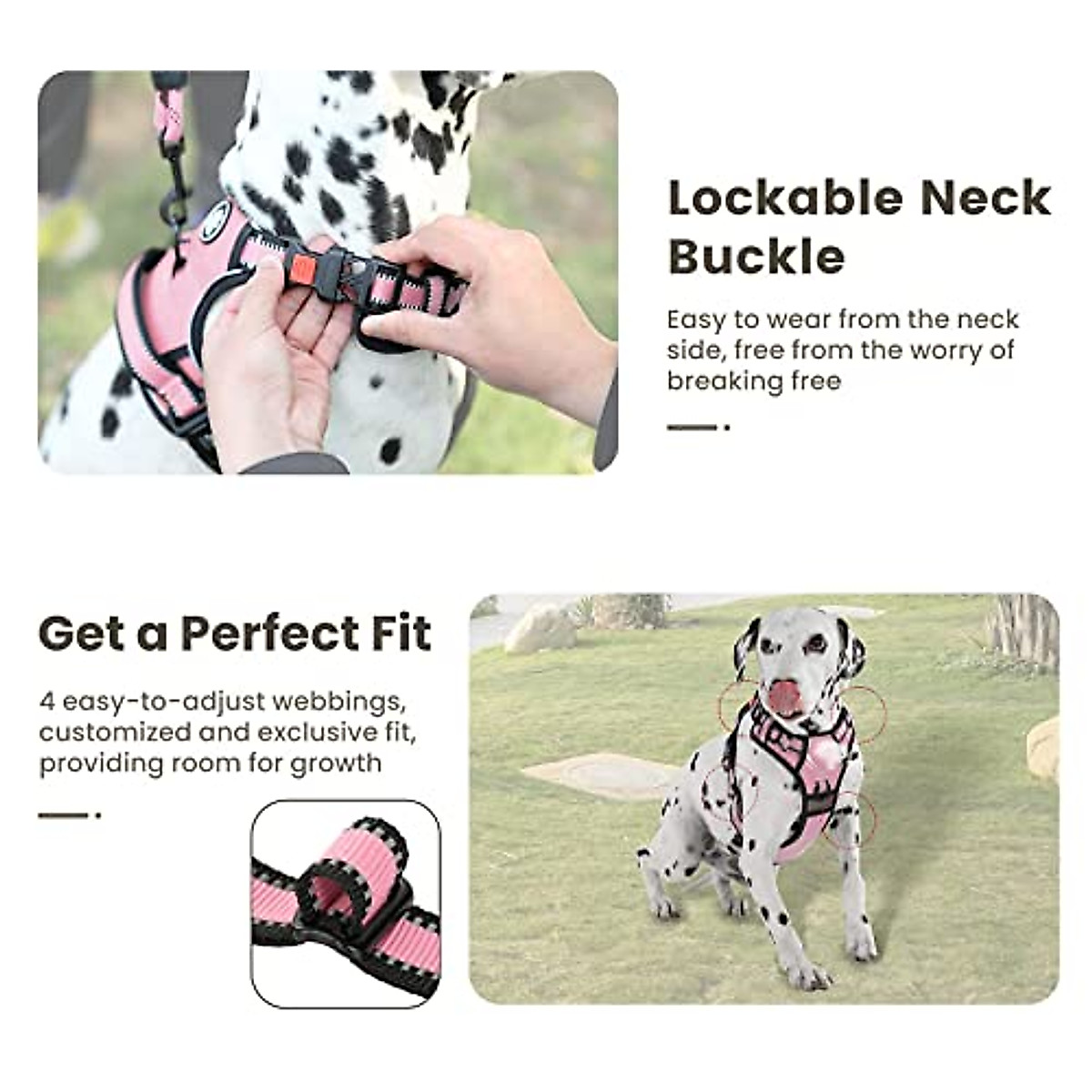 FURRYFECTION No Pull Vest Harness, Reflective with Leash No Choke Soft Padded, Adjustable Front Lead Dog Harnesses with Seat Belt for Small Medium Large Dogs, Pink, L