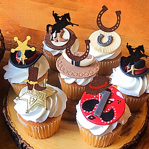 30 PCS Cowboy Cupcake Toppers Glitter HorseShoe Cowboy Hats Boots Cupcake Picks Western Theme Baby Shower Birthday Party Cake Decorations Supplies