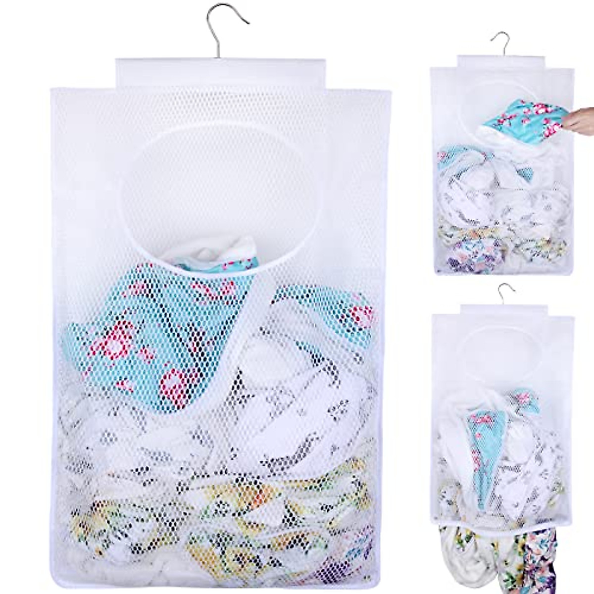 GUMQDD Breathable Mesh Laundry Hamper, Bringing Hooks Foldable Hanging Shower Caddy, Fast Drying Portable Space Saving Storage Bag, Applied to College Dorm Rooms, Gym, Swimming and RV Travel (White)