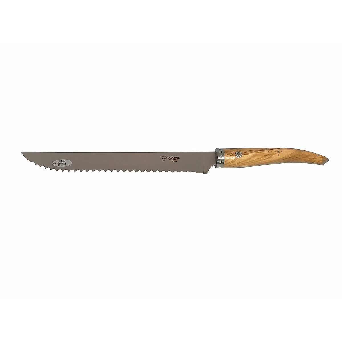 Laguiole en Aubrac Cuisine Gourmet Stainless Fully Forged Steel Made In France Bread Serrated Knife With Olivewood Handle, 9-in / 25cm