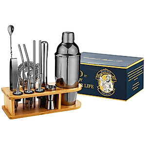 17 Pieces Cocktail Shaker Set with Bamboo Stand,Gifts for Men Dad Grandpa,Stainless Steel Bartender Kit Bar Tools Set,Home, Bars, Parties and Traveling (Bamboo Wood Black)