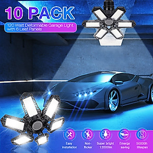 Retisee 6 Pcs LED Garage Lights 120w Deformable LED Garage Ceiling Lights with Adjustable Panels E26/E27 LED Garage Lights Bulb 12000lm Shop Lights for Garage Workshop Basement High Bay Light