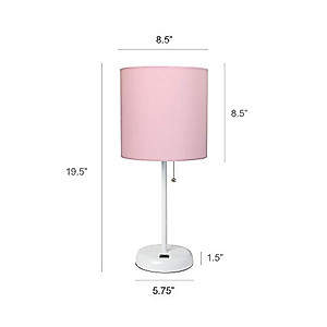 Limelights LT2044-POW Stick USB Charging Port and Fabric Shade Table Lamp, White/Light Pink,8.5 x 8.5 x 19.5
