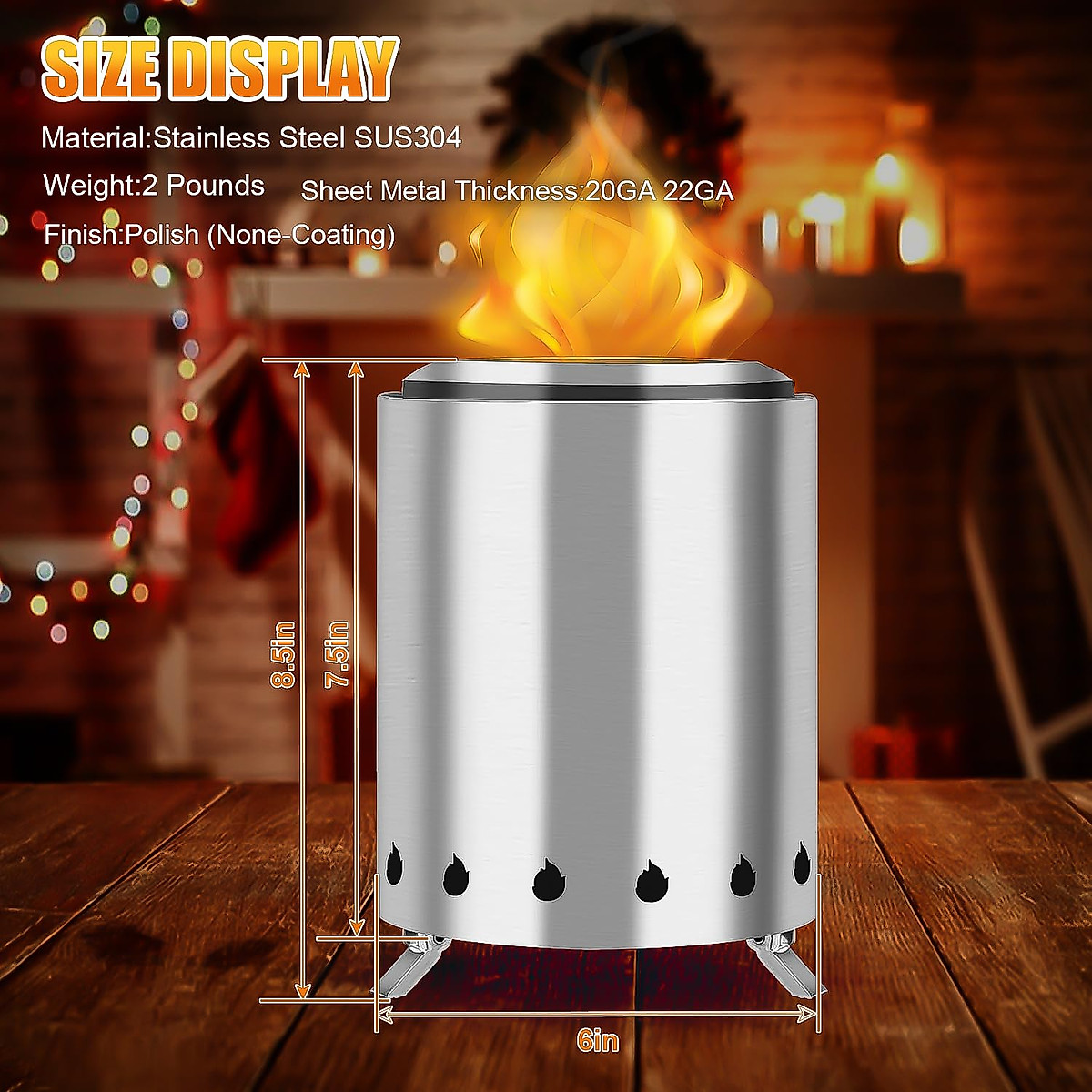 Tabletop Fire Pit, Mini Table Top Firepit with Flodable Stand, Stainless Steel Outdoor Fire Pit for Camping, Fueled by Pellets or Wood, Low Smoke and Safe Burning, Diameter 6" Height 7.5"