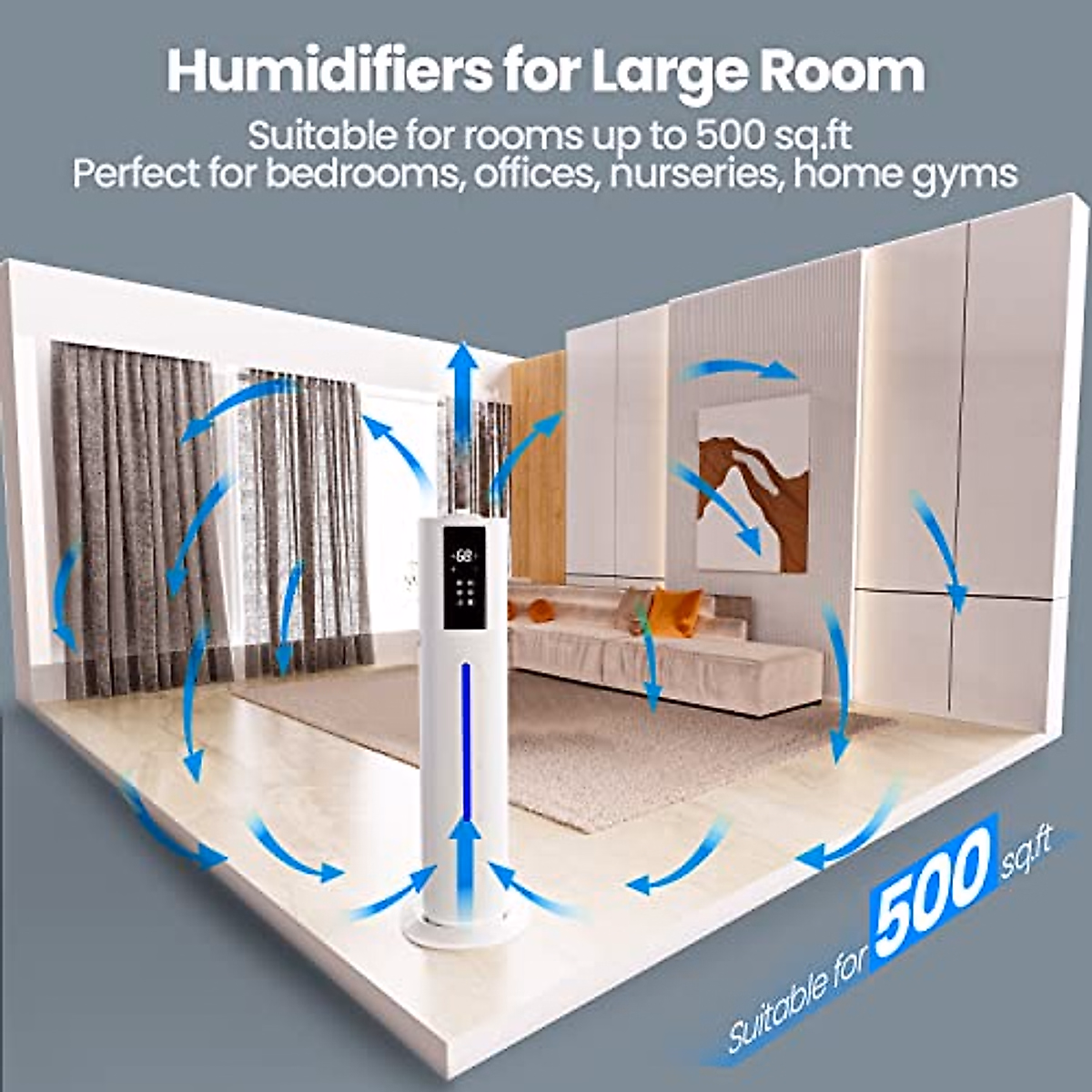 Humidifiers for Bedroom Large Room Home, 8L Top Fill Cool Mist Humidifiers for Baby and Plants, 360°Rotation Nozzles, Essential Oil Diffuser, Customized Humidity, Sleep Mode (White)