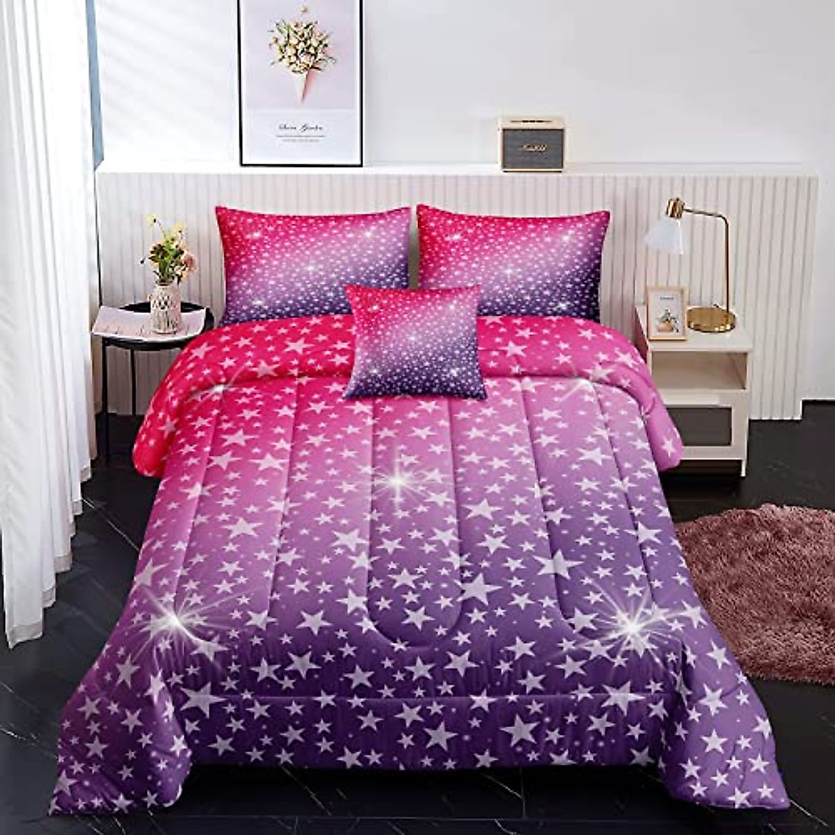 ROWADALO 5 Pieces Purple Glitter Comforter Set Twin Size Galaxy Starry Sky Bedding Sets 5 Pieces Bed in A Bag for Kids Teen Girls Ultra Soft All-Season Girls Sparkles Comforter Set,DJT-GB5005 Twin