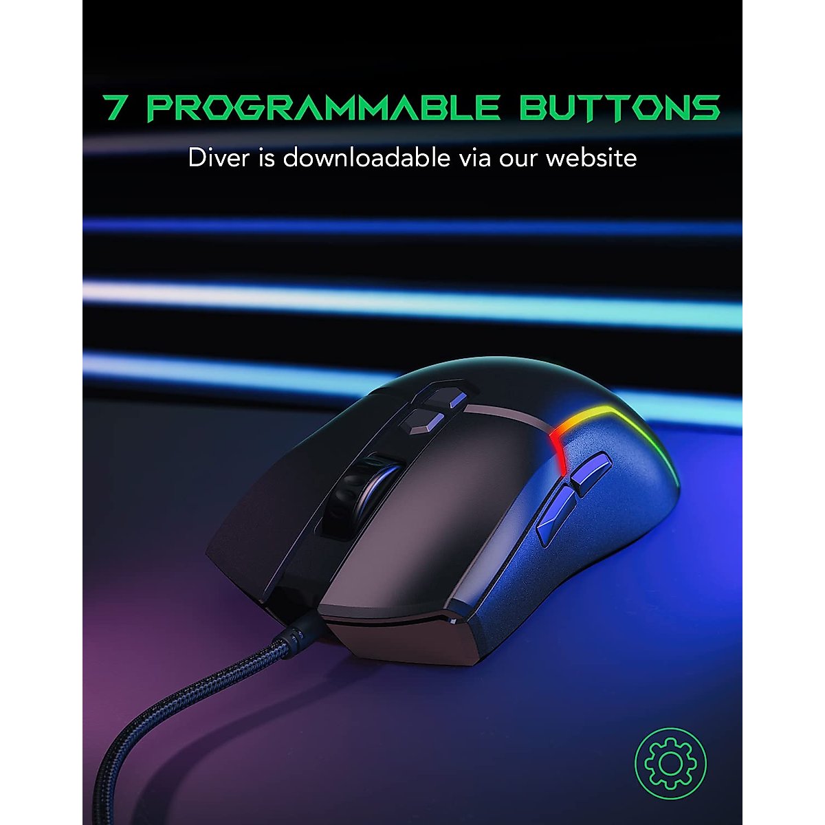 Black Shark Gaming Mouse Wired, USB Computer Ergonomic Mouse with 7 Adjustable DPI Up to 10,000, 7 Programmable Buttons, 5 Modes RGB Backlight, Optical Gamer Mice for Windows PC Laptop Mac