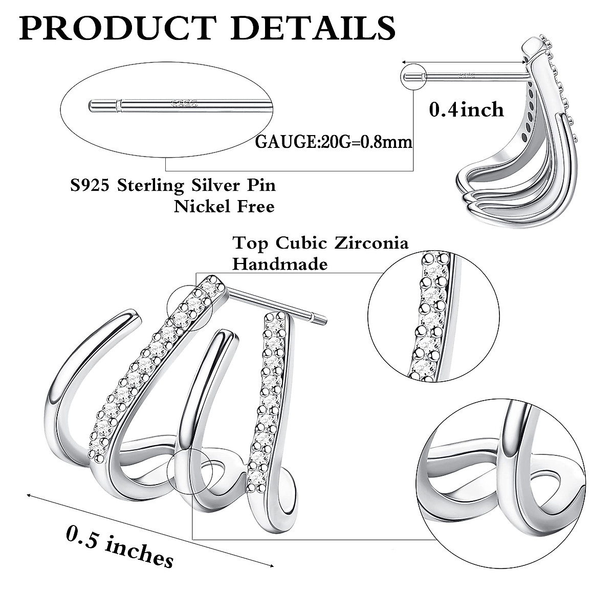 Fansilver 925 Sterling Silver Claw Earrings Cubic Zirconia 14K Gold Plated Cuff Earrings Triple Huggie Illusion Stud Earrings Ear Cuffs Earrings for Women Trendy, Silver