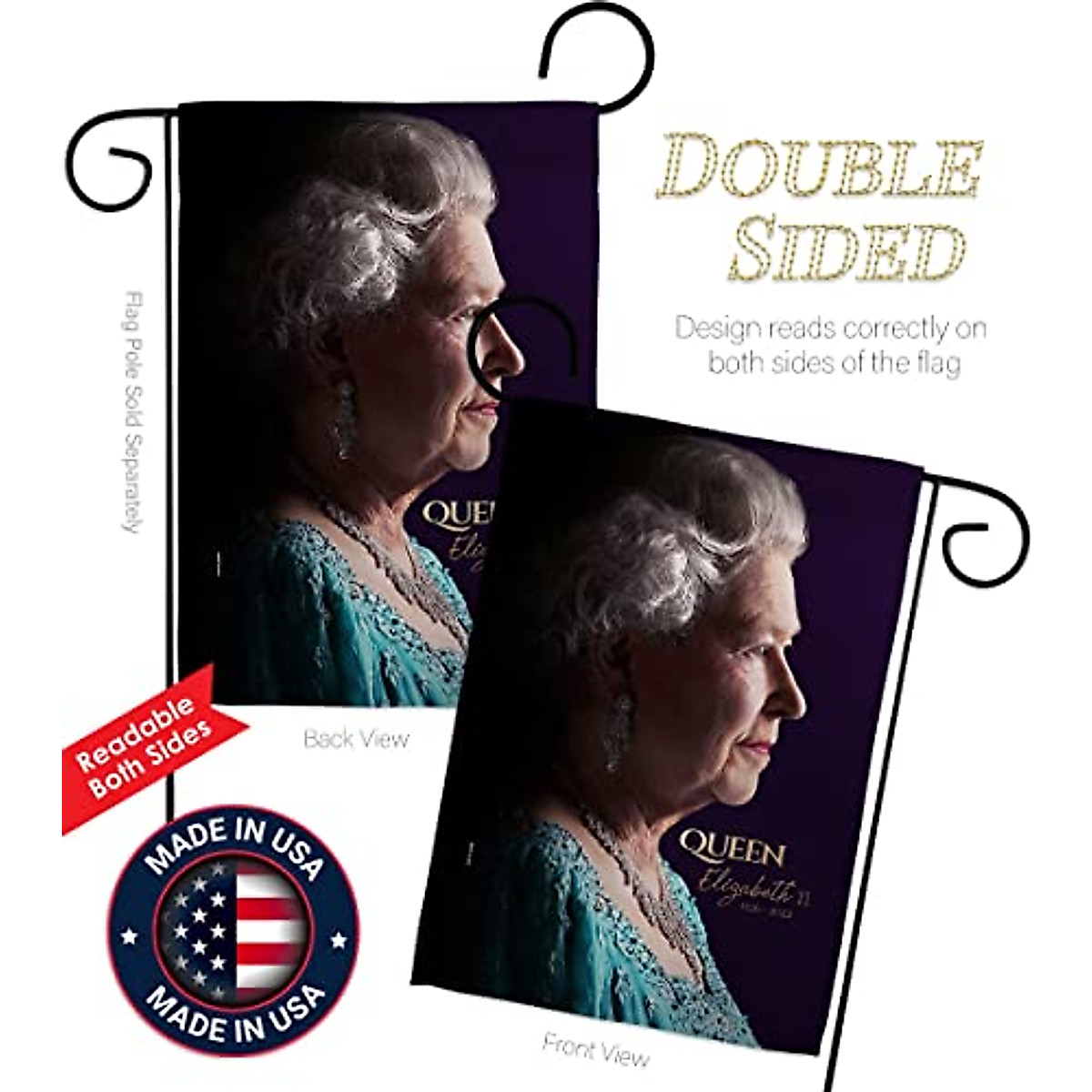 Queen Elizabeth II Flag - Set Wood Dowel Sweet Life Sympathy Remembrance Memorial Bereavement Love Support Emotion Postive - House Banner Small Yard Gift Double-Sided Made In USA 13 X 18.5