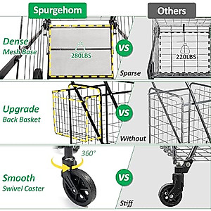 Spurgehom Grocery Cart on Wheels Folding Shopping Carts for Groceries 140L Jumbo with Removable Liner and Double Basket,360° Rolling Laundry Cart Lightweight Trolley for Seniors 280lb Capacity
