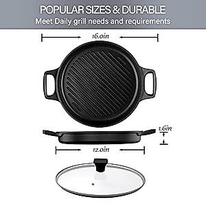 S·KITCHN Cast Aluminum Griddle Pan for Stovetop with Lid - Lighter than Cast Iron Skillet,Round Frying Pans Nonstick Grill Pan Dishwasher & Oven Safe,12IN