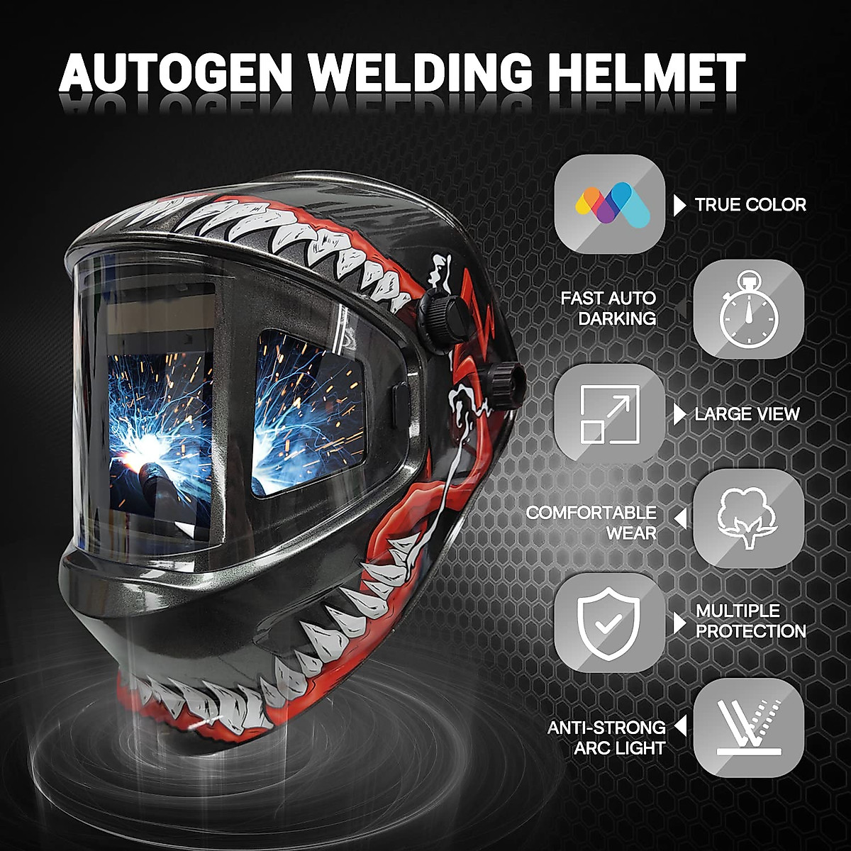 AUTOGEN Welding Helmet, Large Viewing Screen 4.05"X3.54" Auto Darkening Welding Helmet True Color Solar Power 4 Arc Sensor Wide Shade 4~5/8-9/13 for TIG MIG Arc Weld Grinding Welder Mask(Colorful)