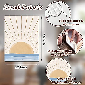 Boho Wall Art Set of 3, Neutral Geometric Sun Rising on the Sea Minimalist Art Framed Canvas Prints Artwork, Mid Century Modern Boho Sun Wall Art Decor for Bathroom, Bedroom, Living Room, Office