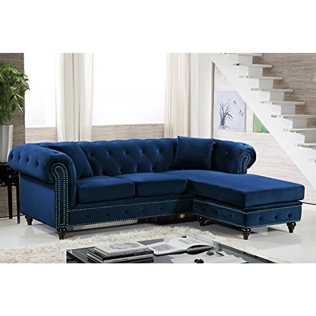 Meridian Furniture Sabrina REVERSIBLE 2 Piece Button Tufted Velvet Sectional with Scroll Arms, Nailhead Trim, and Custom Wood Legs, Navy