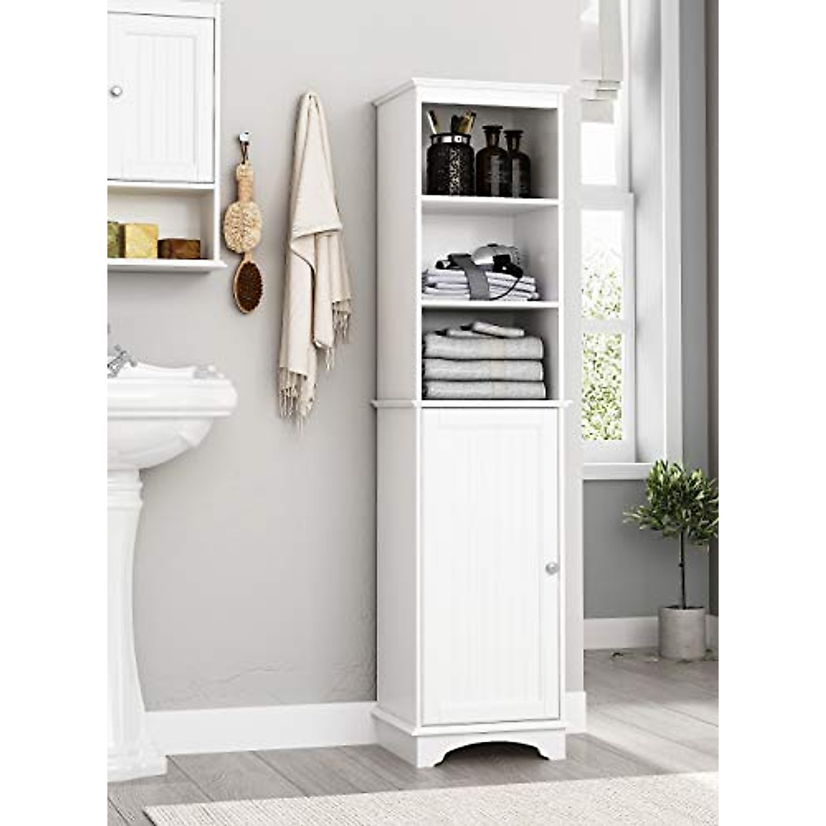 Spirich Home Freestanding Storage Cabinet with Three Tier Shelves, Tall Slim Cabinet, Free Standing Linen Tower, White