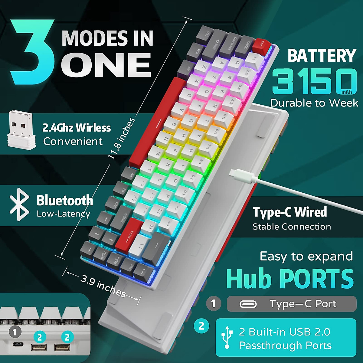 RK ROYAL KLUDGE RK G68 65% Wireless Mechanical Keyboard, Bluetooth5.1/2.4G/Wired Hot Swappable Mechanical Keyboard with 3 USB Ports, 68 Keys RGB Blue Switch for Mac Windows, Classical Red