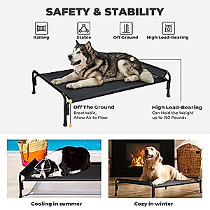 Veehoo Elevated Dog Bed, Outdoor Raised Dog Cots Bed for Large Dogs, Cooling Camping Elevated Pet Bed with Slope Headrest for Indoor and Outdoor, Washable Breathable, Large, Black, CWC2204