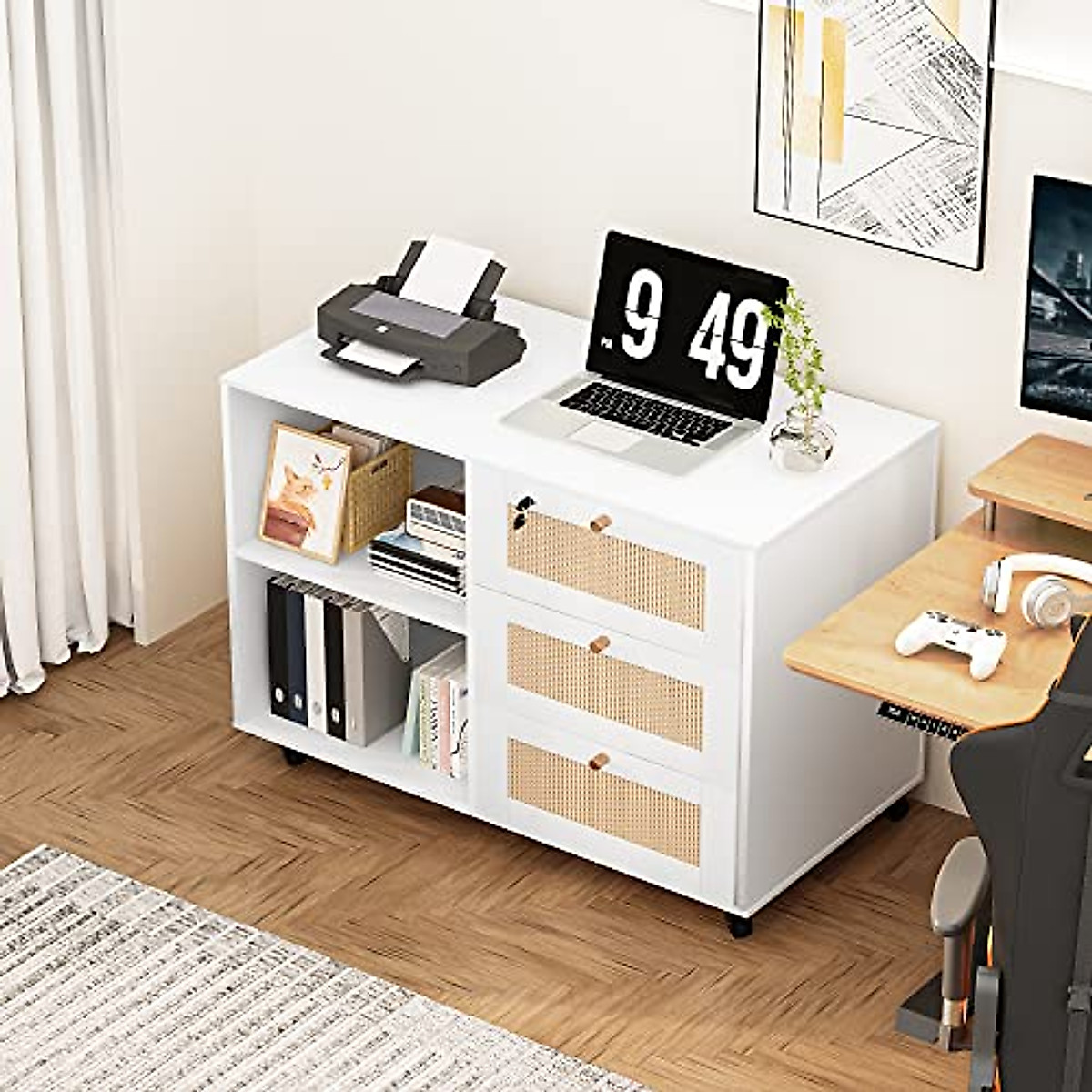AWQM Wood Filing Cabinet with Lock,3 Drawers Office Storage Cabinet Printer Stand with Open Storage Shelves,Rattan Mobile File Cabinet for Home Office,White