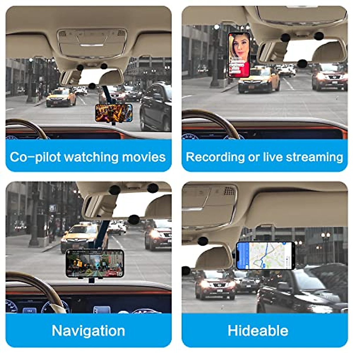 JDHDL Rear View Mirror Phone Holder, Rotatable and Retractable Car Phone Holder Mount Rearview Mirror Phone Holder for Car Compatible with All 4-7 Inch Cell Phones