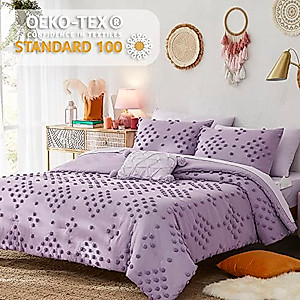 Geniospin Full Comforter Set 8 Pieces, Bed in A Bag with Comforters, Sheets, Pillowcases & Shams - Pom Tufted Design Microfiber, All Season Down Alternative Bedding Sets (Purple, 80 x 90 Inches)