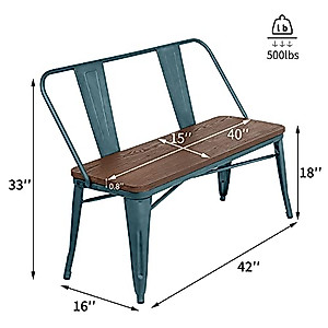 MELLCOM Metal Bench Industrial Mid-Century 3 Person Chair with Wood Seat,Dining Bench with Floor Protector,Blue