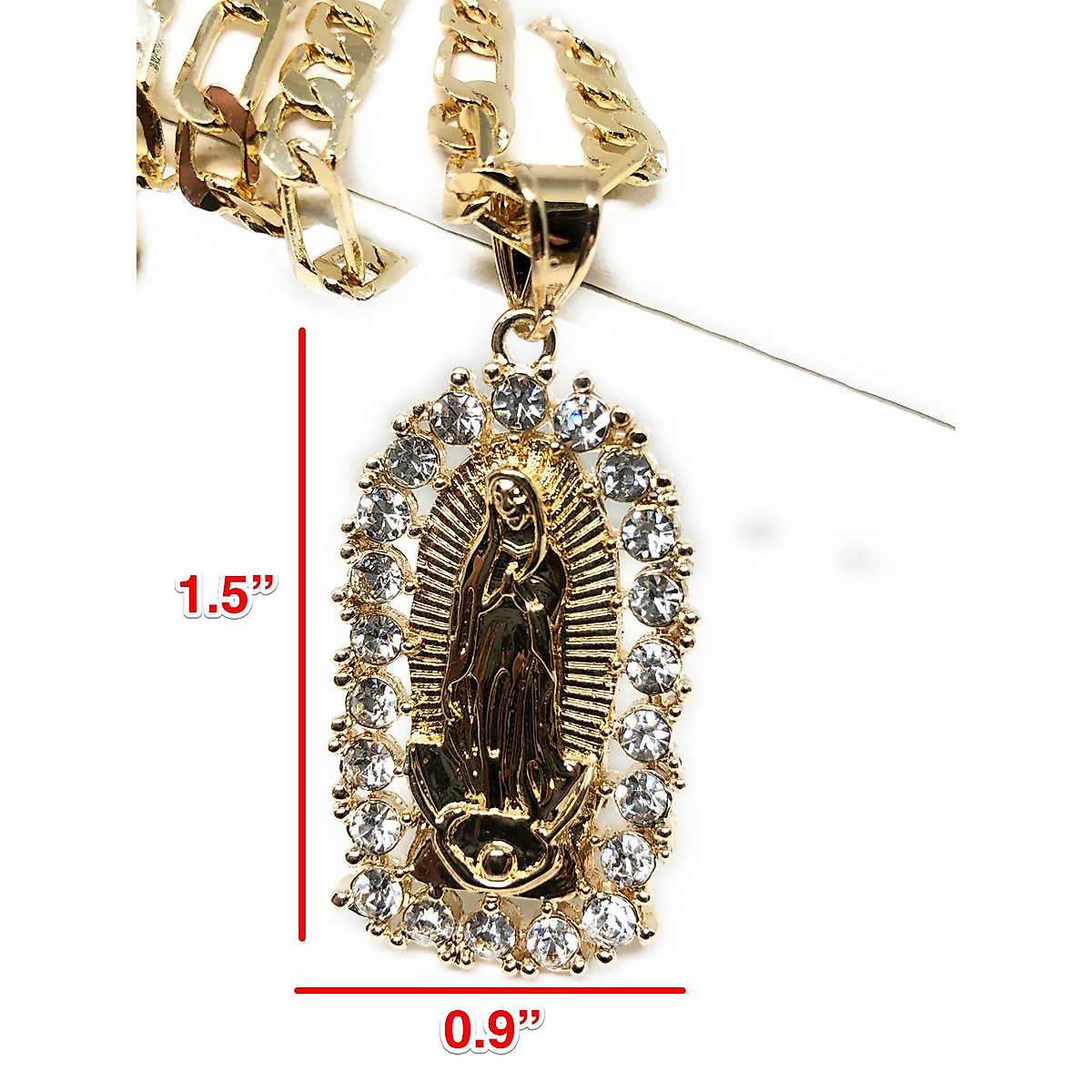 Gold Plated Virgin Mary Pendant Necklace Figaro 26" Virgen de Guadalupe Medalla Oro Laminado