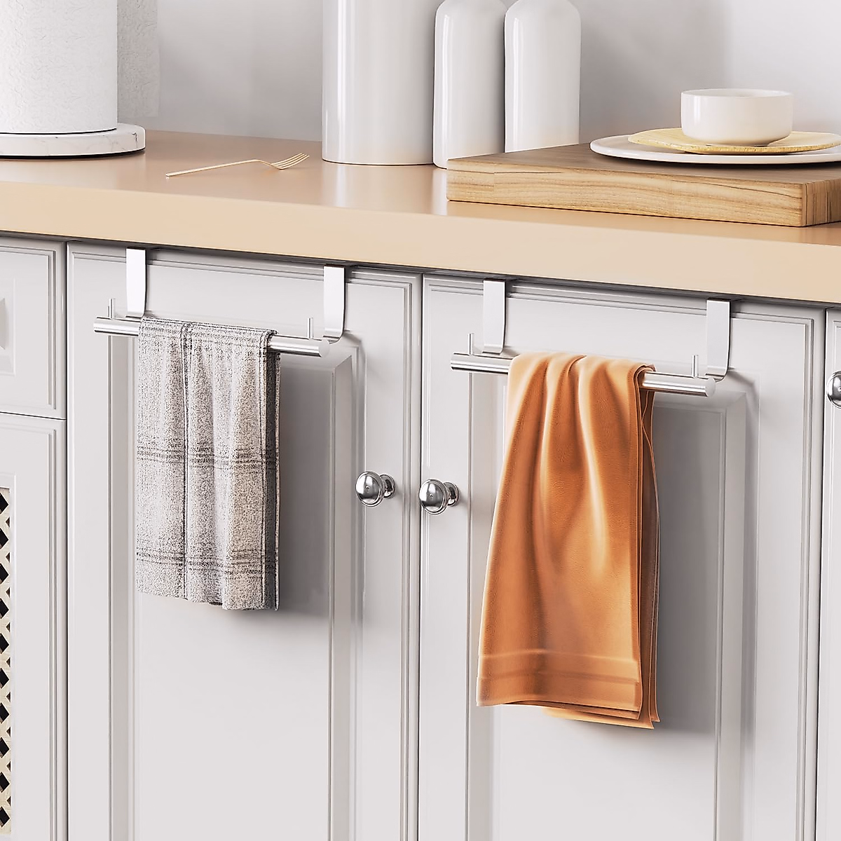 VEHHE Kitchen Towel Holder 2-Piece, 2 Hooks, EVA Foam Protective Mats, 9-Inch Stainless Steel Over The Door Towel Rack (Silver)