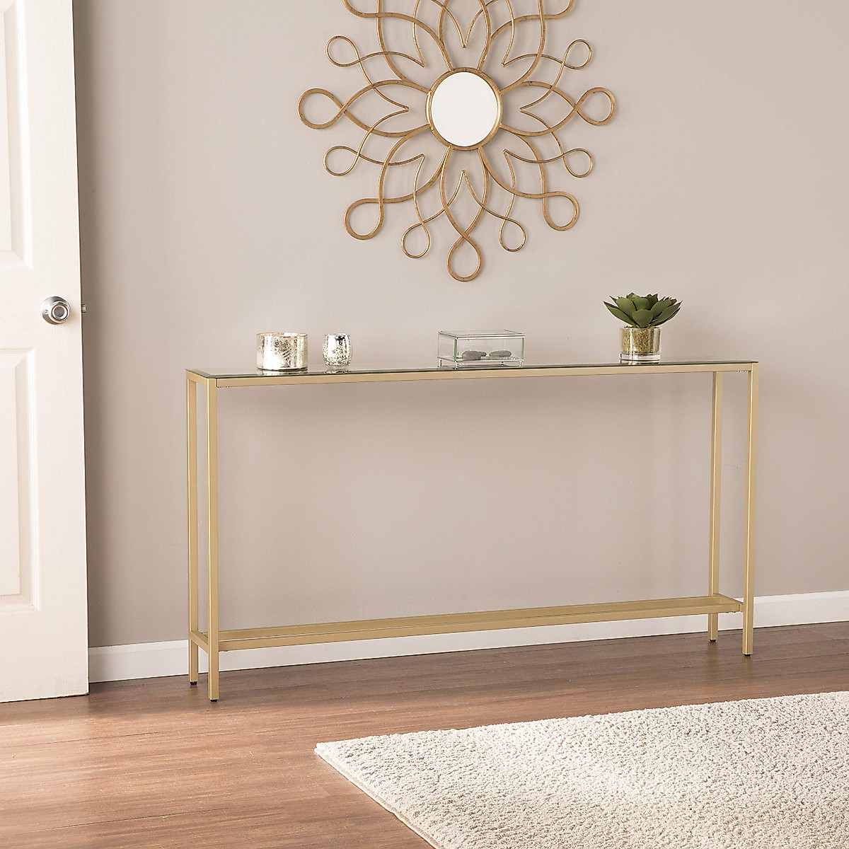 Furniture HotSpot Metal Skinny Console Table - Slim Profile w/Mirror Top (56x30)