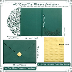 PerKoop 100 Set 5 x 7 Laser Cut Wedding Invitations with Envelopes and Wax Seal Stickers Pocket Wedding Invitation Cards Blank Invitation Kit for Wedding Bridal Shower Engagement Invite (Dark Green)