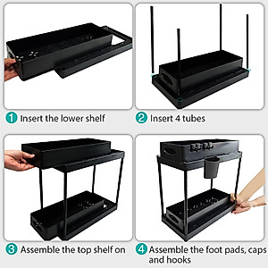 Under Sink Organizer, Double Pull-out Cabinet Organizer, 2-Tier Sliding Under Storage Drawer Shelf Basket with Hooks Hanging Cup for Kitchen Bathroom