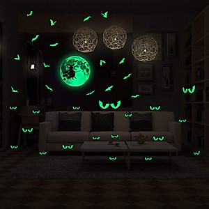 Konsait 54pcs Halloween Glow in The Dark Stickers Luminous Witch Moon Bats Peeping Eyes Wall Stickers Window Ceiling Wall Decals for Nursery Baby Kids Bedroom Halloween Bedroom Party Gift