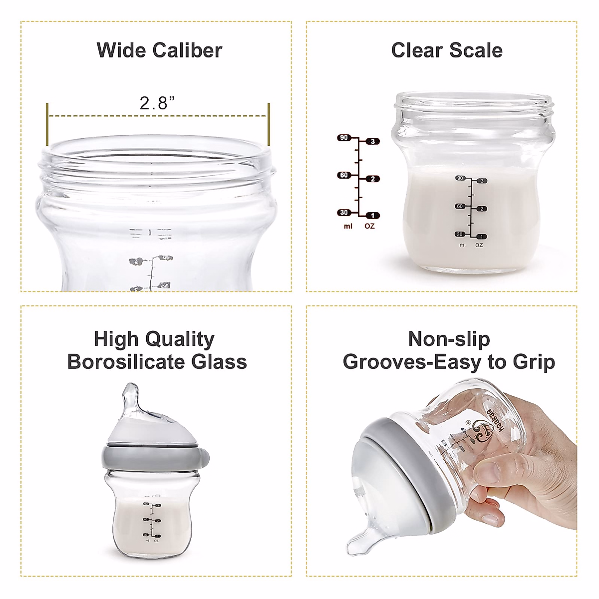 haakaa Gen.3 Natural Glass Baby Bottle Set 4oz & 6oz - Wide Neck Anti-Colic Slow Varibale Flow Nipple, 0M+ 3M+ 6M+ Breastfed Babies