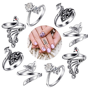 8 Pcs Knitting Loop Crochet Ring Adjustable Knitting Loop Ring Adjustable Braided Ring Metal Yarn Guide Finger Holder Peacock Open Finger Thimble Finger Crochet Ring Accessories for Crafts(Silver)