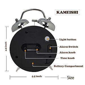 KAMEISHI Loud Alarm Clock for Heavy Sleepers Adults, Retro 4.5 Inches Twin Bell Battery Operated Analog Kids Desk Clocks for Bedrooms Bedside (Noctilucent Black)