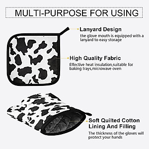 Sletend Cow Print Oven Mitts and Pot Holders Sets 2pcs Non-Slip Kitchen Heat Resistant Hot Pads for Women Cooking Gloves Baking Wear BBQ