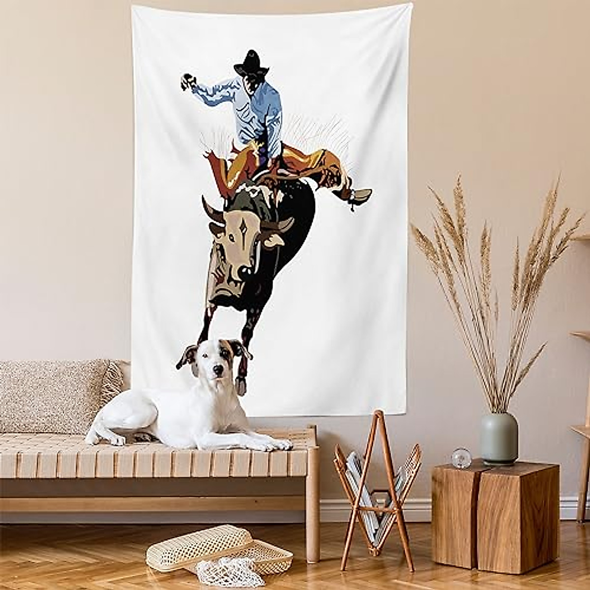 Ambesonne Rodeo Tapestry Twin Size, Yea Haw Cowboy Bucking Bull Western Sports American Graphic, Wall Hanging Bedspread Bed Cover Wall Decor, Twin Size, Rust Beige