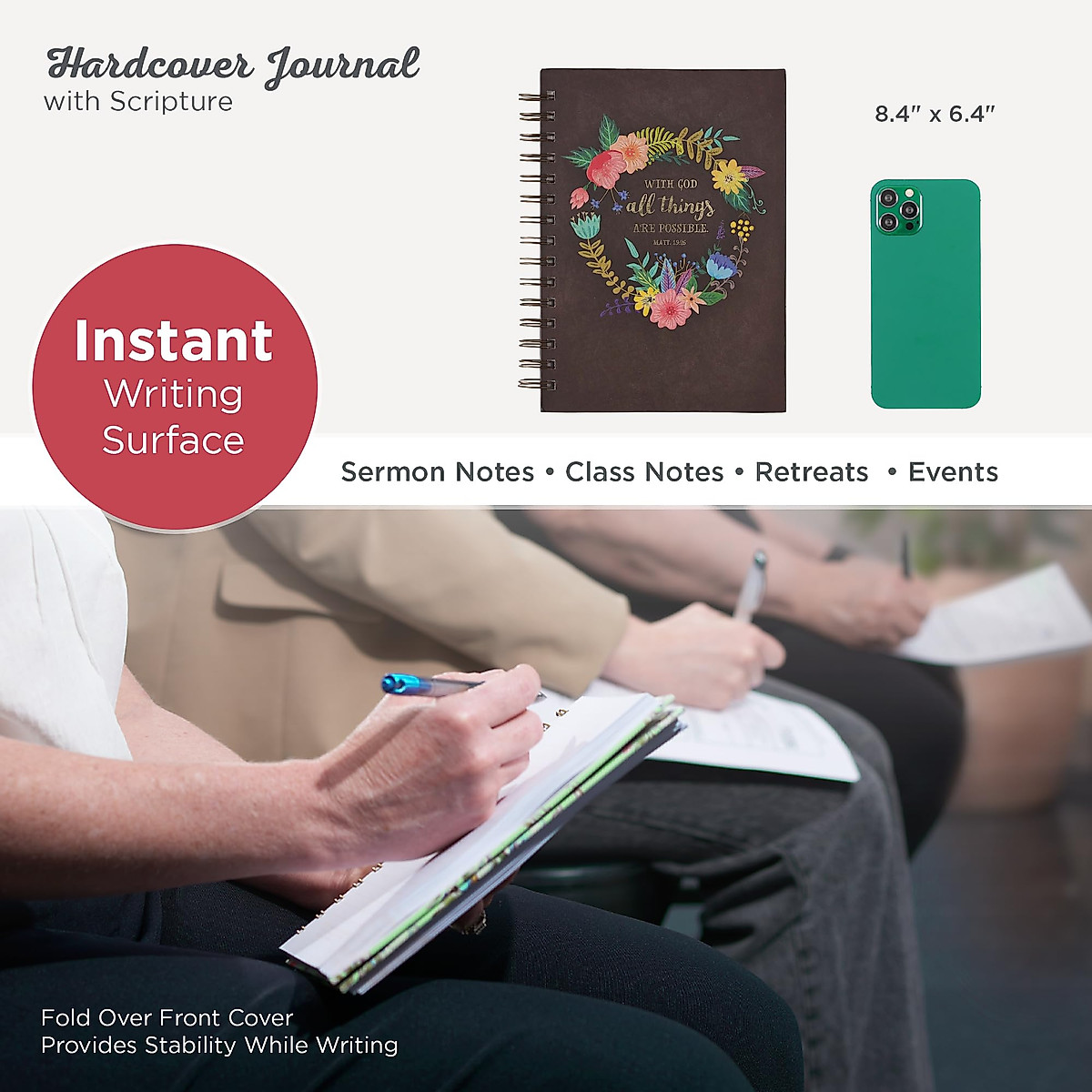 Christian Art Gifts Journal w/Scripture With God All Things Are Possible Mathew 19:26 Bible Verse Floral 192 Ruled Pages, Large Hardcover Notebook, Wire Bound