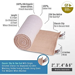 Premium Elastic Bandage Wraps (4" 2pack & 3" 2Pack) Metal Clip Fasteners - GT Latex Free Roll for Sprains & Injuries