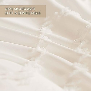 Nanko Beige Duvet Cover Queen Size, 3pc Boho Tufted Microfiber Bedding Comforter Cover Set, All Season Aesthetic Shabby Chic Soft Embroidery Textured Geometric Quilt Cover (90x90)