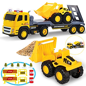 MOBIUS Toys Flatbed Truck with Excavator Tractor Toy - 1:12 Scale, Push and Go Construction Vehicle Playset, Lights & Sounds for Kids, Toddlers, Boys, & Girls Ages 3 4 5 Years Old