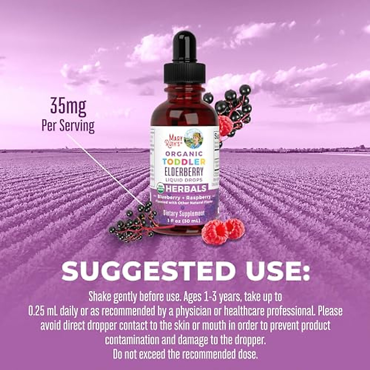 MaryRuth's Toddler Elderberry Syrup | USDA Organic Elderberry | Sugar Free Kids Immune Support Supplement for Ages 1-3 Years | Clean Label Project Verified®, Vegan, Non-GMO, Gluten Free | 1 Fl Oz