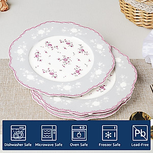 fanquare 8 Inch Porcelain Dessert Plates Set of 4, Lace Serving Bowls Set for Salad, Soup, Pasta, Snack, Pink Roses