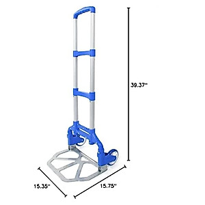 Portable Folding Hand Truck Aluminium Luggage Trolley Cart and Dolly 165 lbs Capacity with Bungee Cord, Telescoping Handle, PVC Wheels with Double Bearings for Travel Office Auto Moving (Blue)