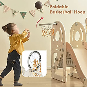 Merax 5-in-1 Kids Slide with Swing, Indoor Baby Slide Swing Set with Basketball Hoop, Climber & Bus Playhouse, Outdoor Slide Playset for Toddlers Age 1+ (Bus Swing & Slide Beige)