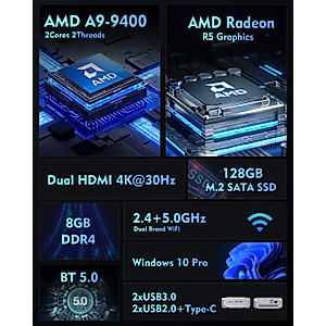 ATOPNUC Mini PC Windows 10 Pro, AMD A9-9400 APU(up to 3.2Ghz) Desktop Computer 8GB RAM 128GB SSD, Micro Suppport 4K Dual Screen Display/WiFi 5/BT5.0/Auto Power On for Business Home Office