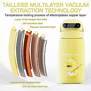 TAYUQEE Stainless Steel Thermo Cup, 470ml Kids Fingerprint Vacuum Insulated Bottles with Straw, USB Rechargeable Traveler Water Bottle - Yellow
