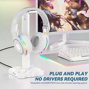 KDD Gaming RGB Headphones Stand, Rotatable Headset Stand with 9 Light Modes - Controller Holder with 2 USB Charging Ports and 3.5mm - Earphone Hanger Accessories for Desktop Gamer(White)