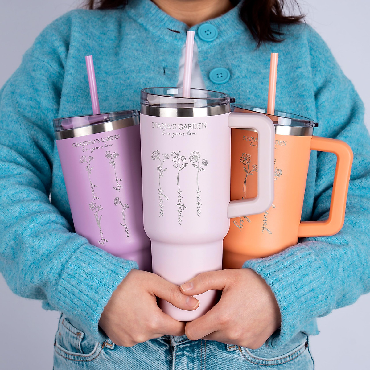 Mothers Day Gifts for Grandma, Personalized Grandma's Garden 40 Oz Tumbler with Birth Flowers, Nana's Tumbler 10 Colors - Up to 6 Flowers, Engraved Stainless Steel Travel Mug with Handle and Straw