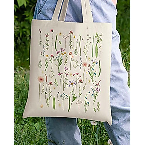 AUSVKAI Canvas Tote Bag Aesthetic for Women, Cute Trendy Wildflowers Reusable Cloth Cotton Bags with Handle for Grocery School Shopping Beach