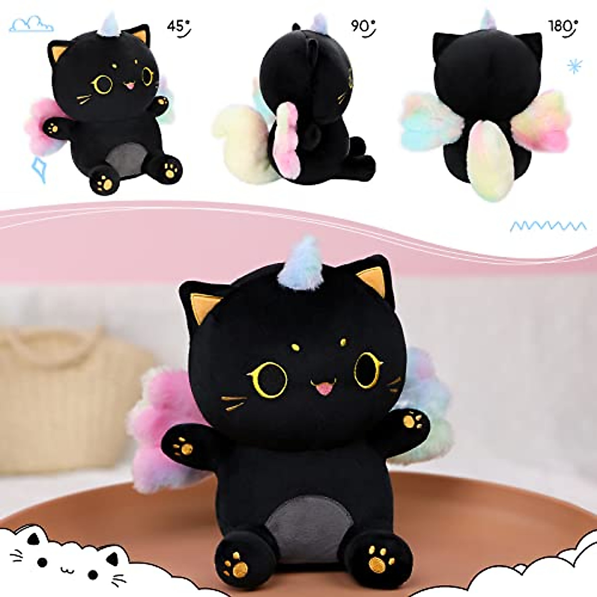 AIXINI Cute Caticorn Plush Stuffed Unicorn Black Cat Animal Plushie 10" Soft Toy with Rainbow Wings for Girls